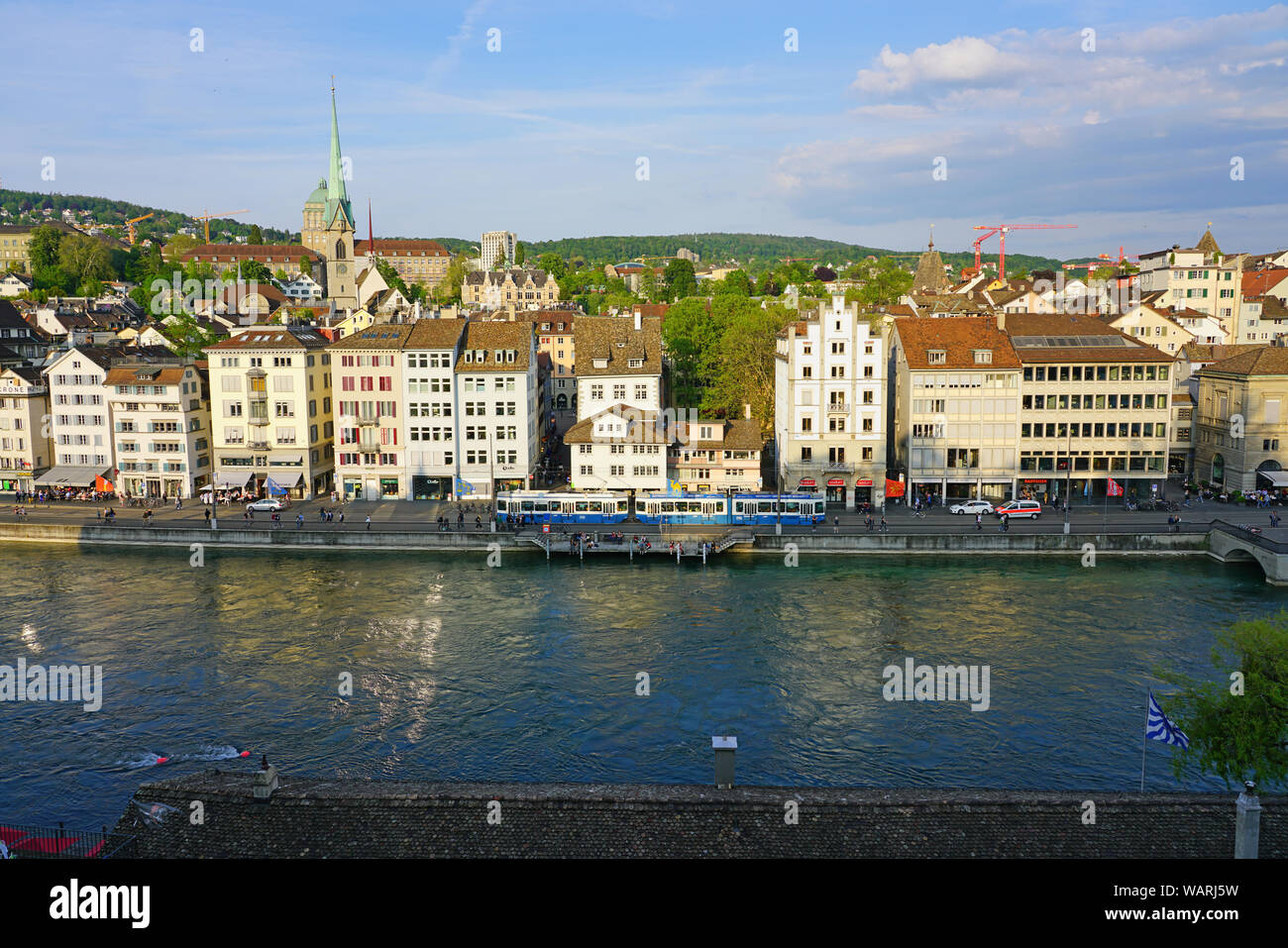 ZURICH, SWITZERLAND -24 MAY 2019- View of the old town of Zurich along ...