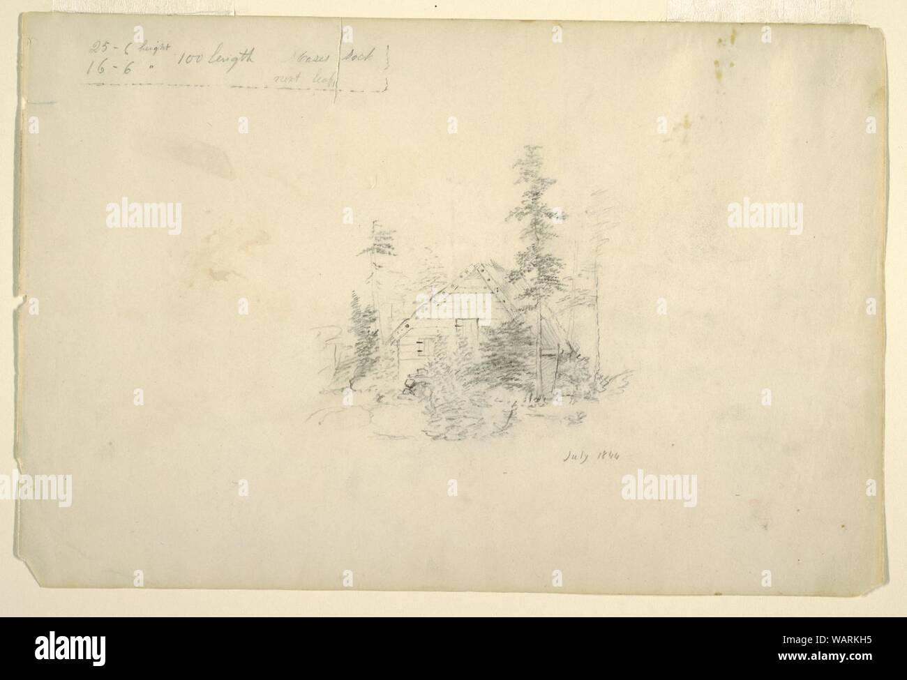 Drawing, Log cabin surrounded by trees, July 1844 Stock Photo - Alamy