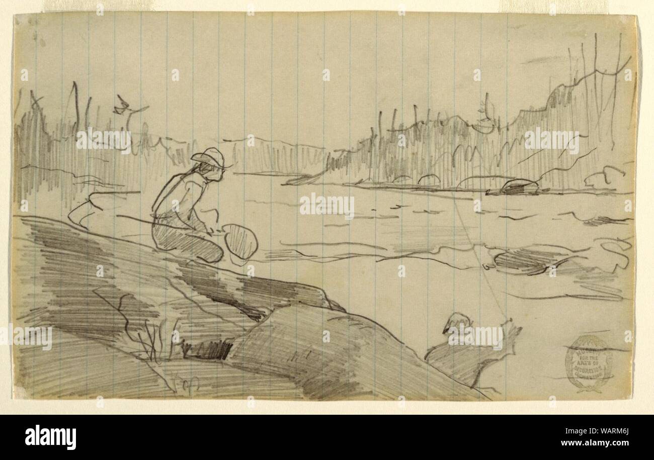 Drawing, Men Fishing with a Rod and Net, ca. 1897 Stock Photo - Alamy
