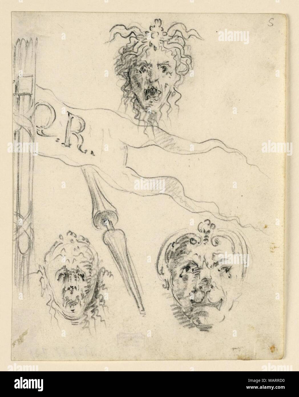 Drawing, Part of Sheet 5 of a Drawing Book, Masks and Part of a Trophy ...