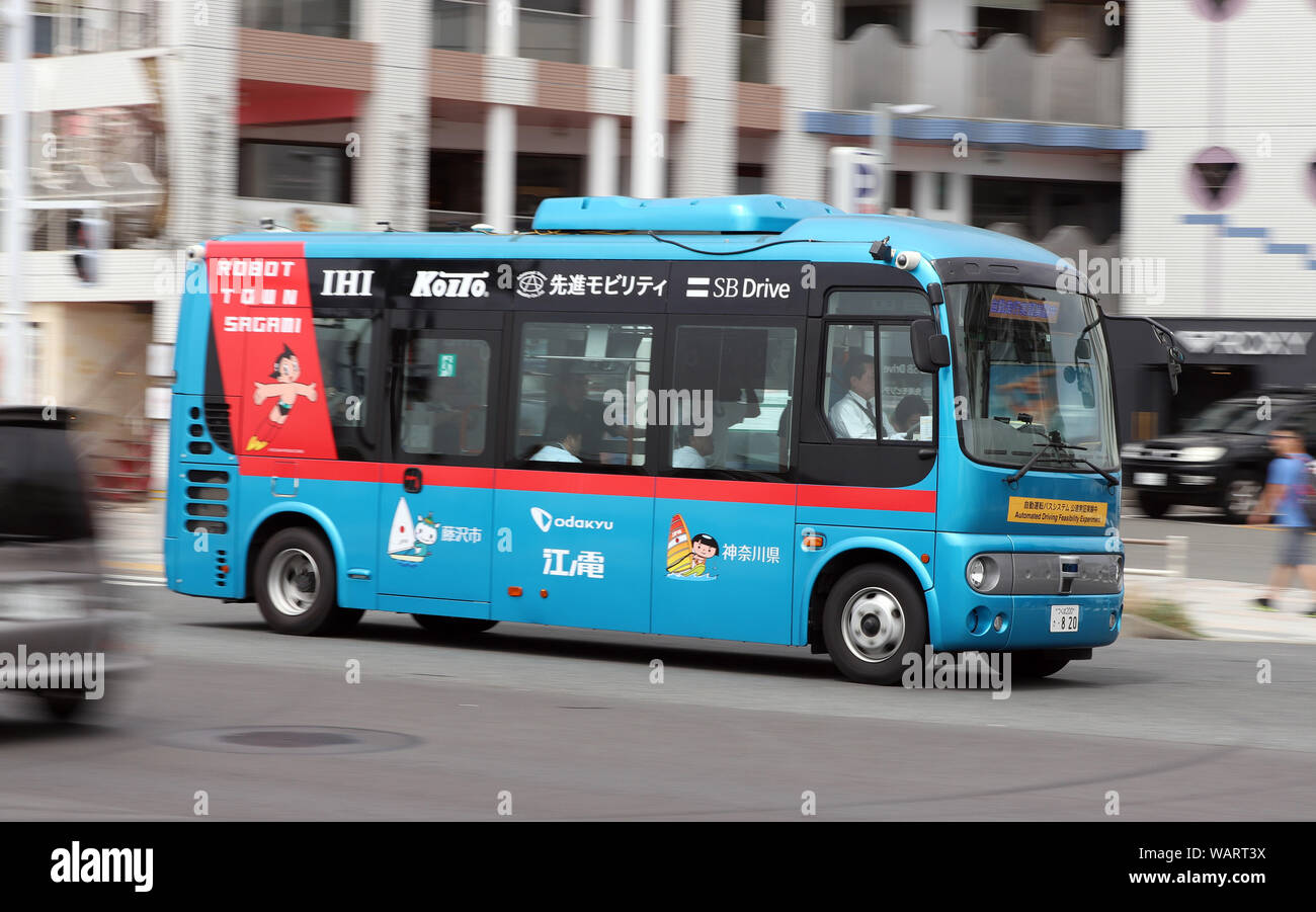Fujisawa, Japan. 21st Aug, 2019. An autonomous driving bus runs ...