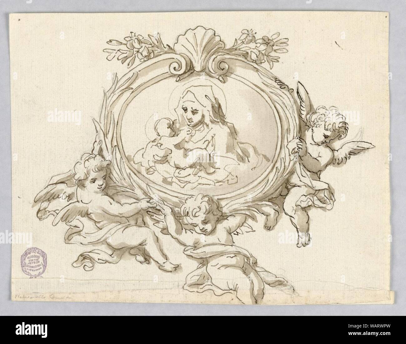 Drawing, Project- Three flying angels supporting a broad oval frame ...