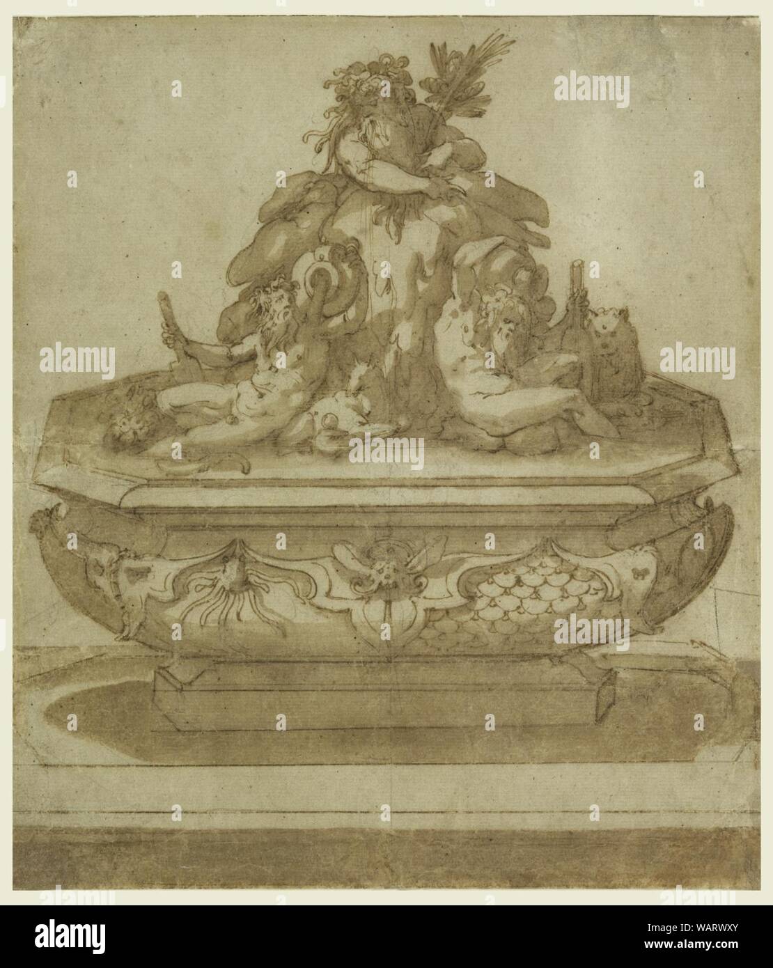 Drawing, Recto- Fountain Design with Oceanus and the River Gods Arno ...