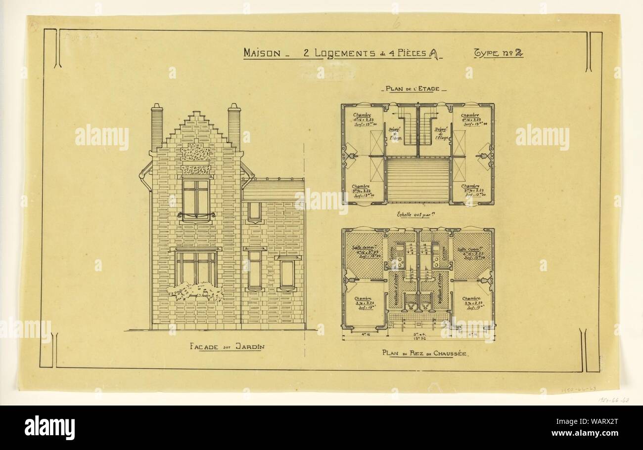 Drawing, Rendering of Elevation and Floor Plan of a Two Family Mass ...