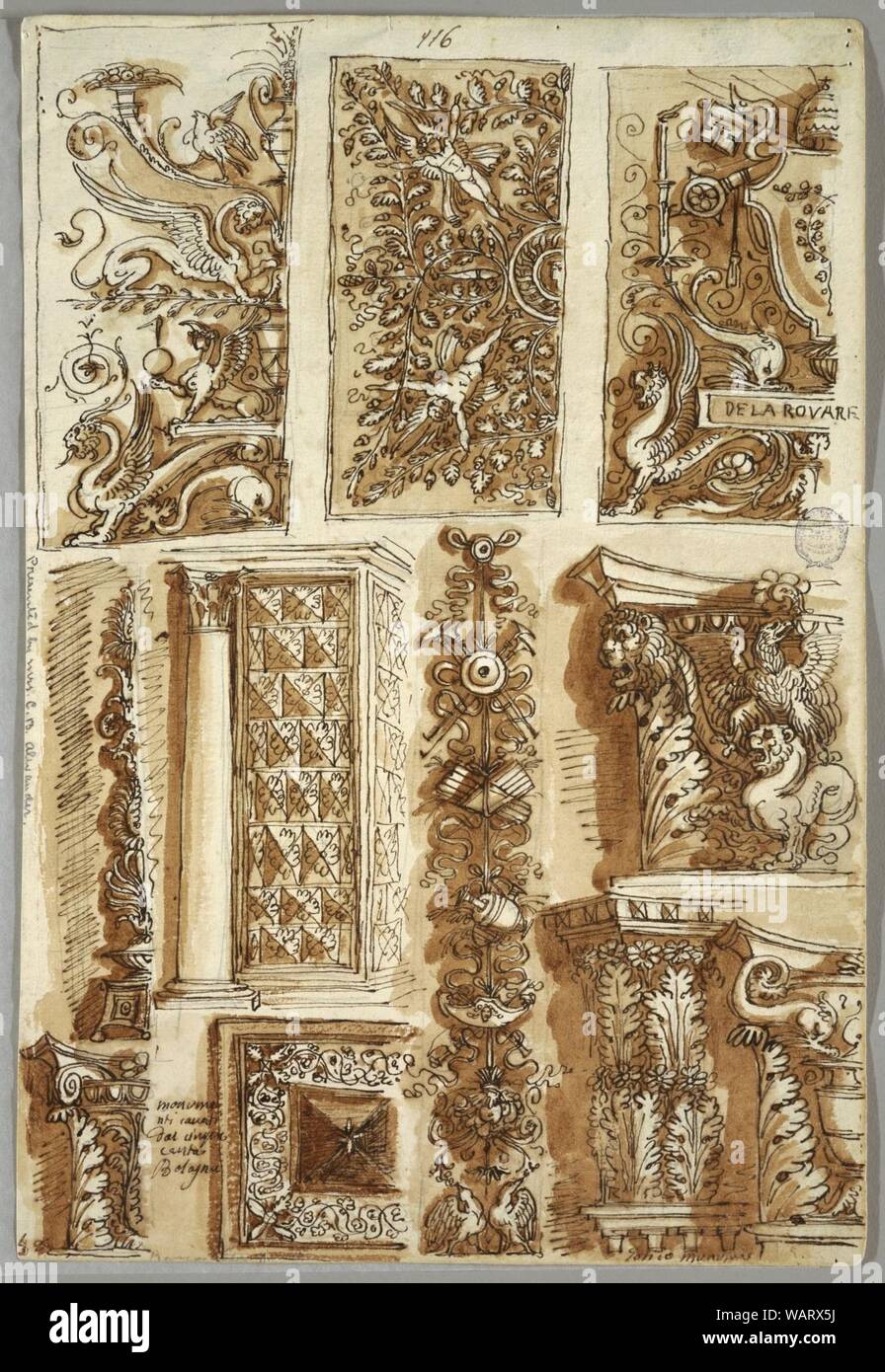 Drawing, Rendering of Various Decorative details of Bologna; Verso ...