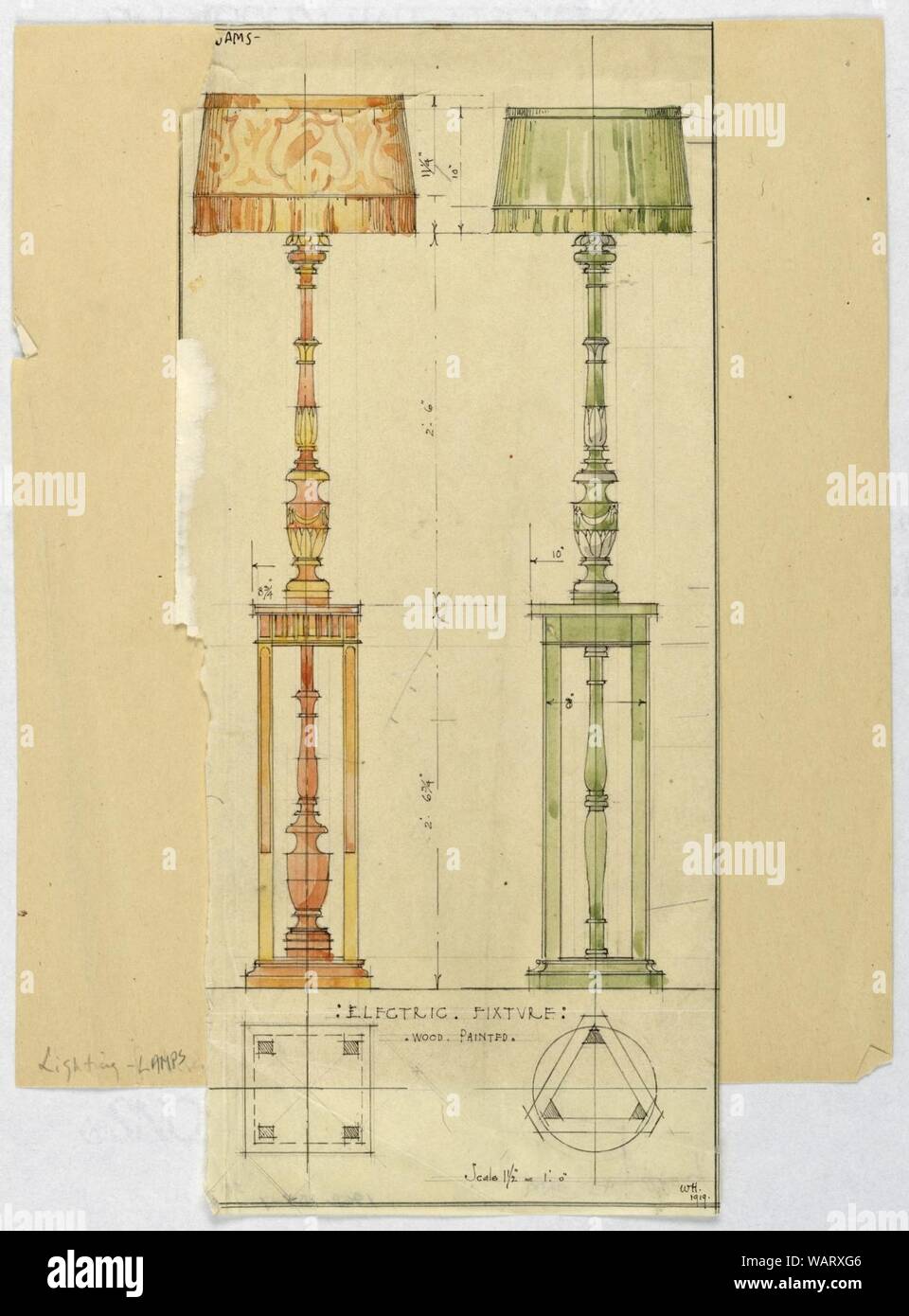 Drawing, Scaled drawing of two electric lamps, 1919 Stock Photo - Alamy