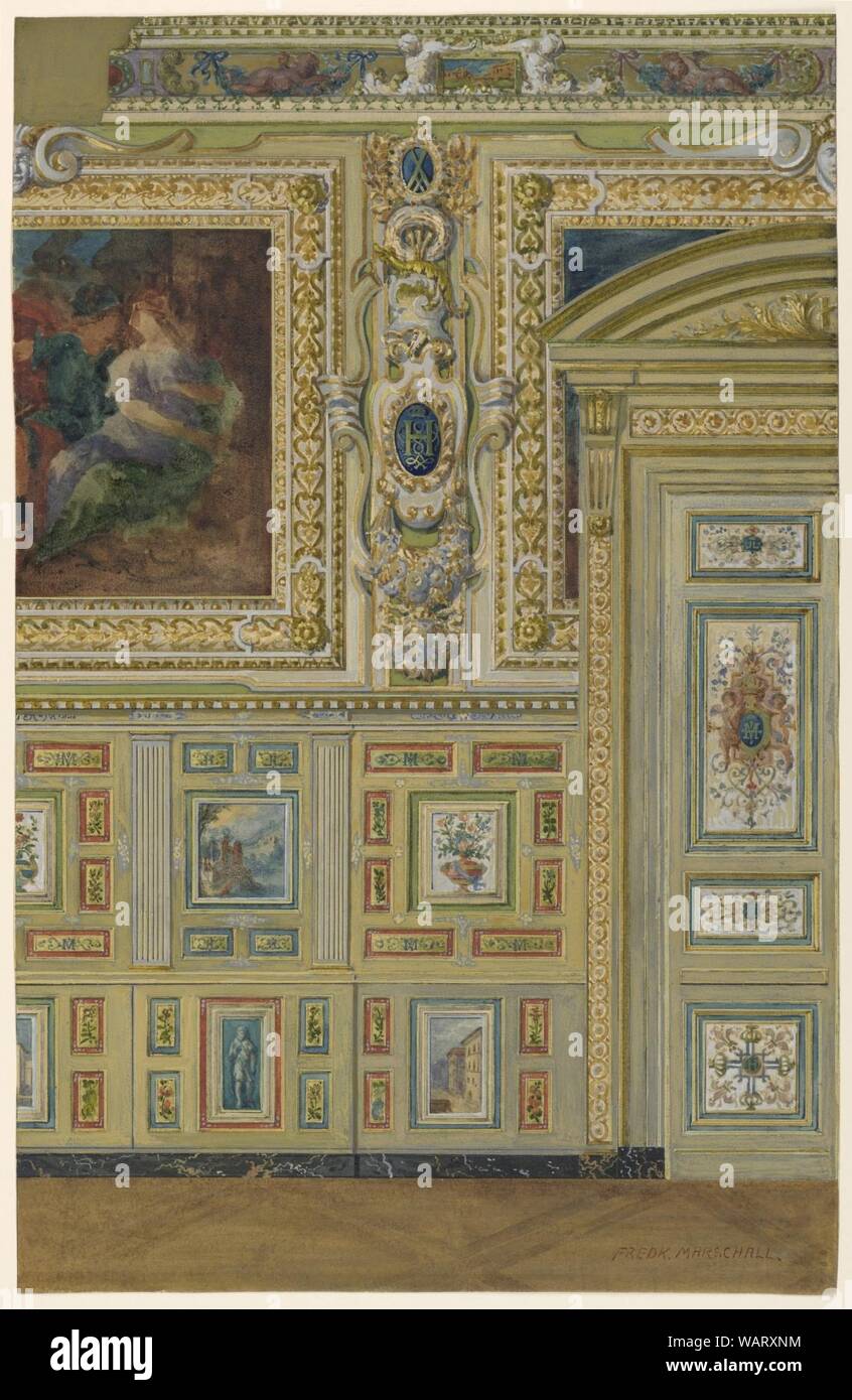 Drawing, Section of a wall showing groups of painted panels, Oval ...