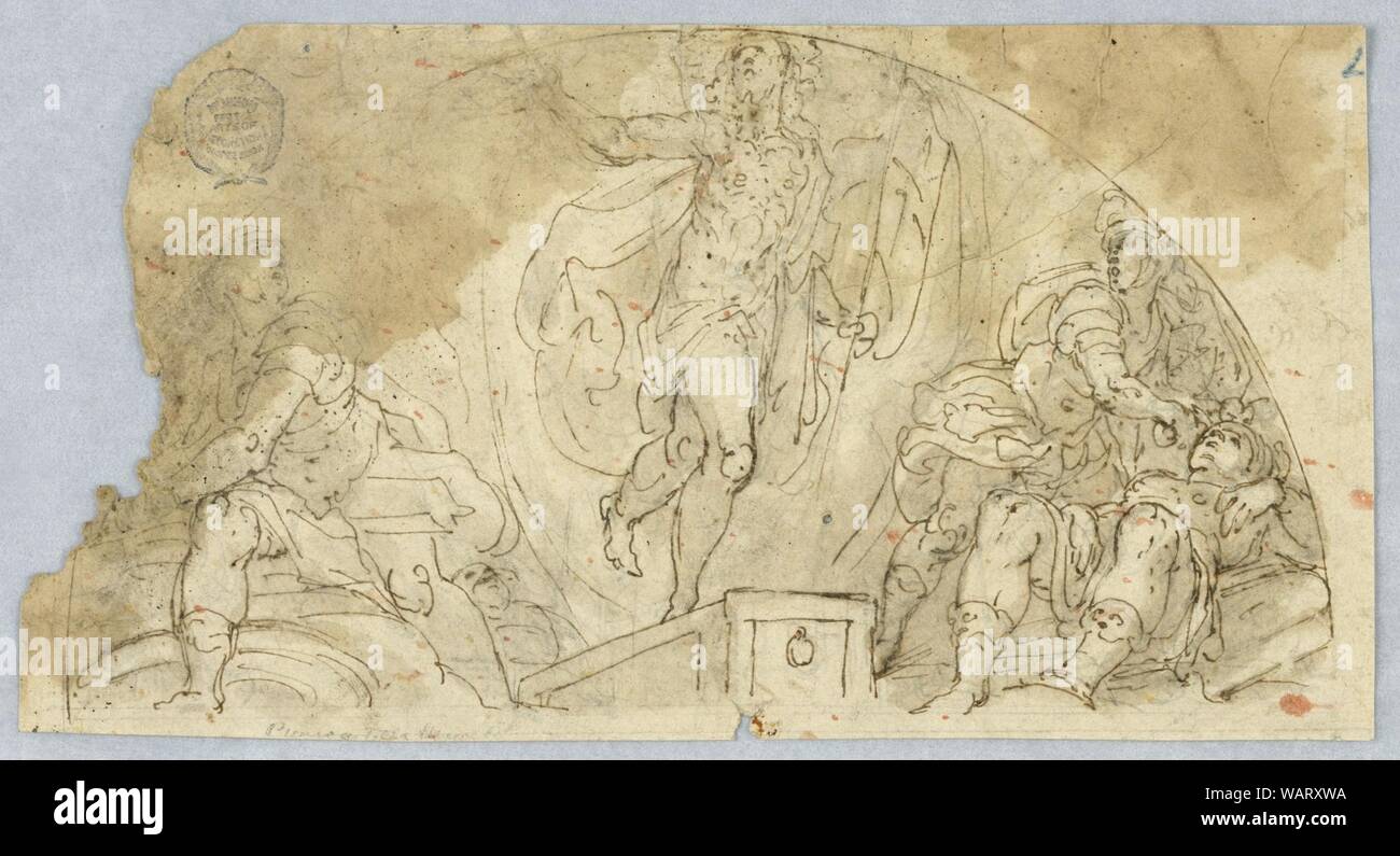 Drawing, Semi-circular Figural Scene with Central Figure Possibly ...