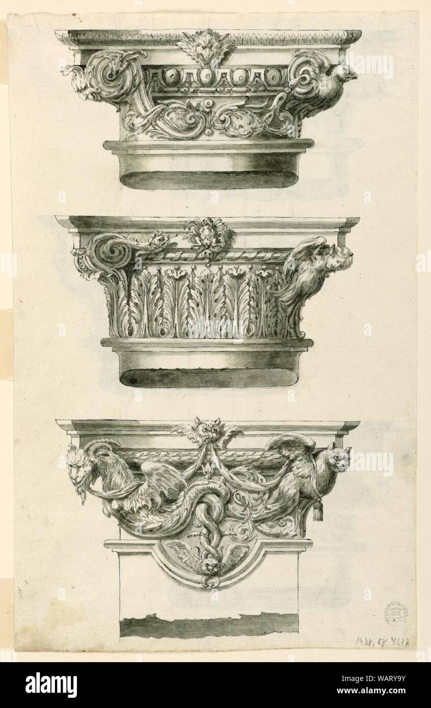 Drawing, Six capitals of columns, one of a pillar, with alternative ...