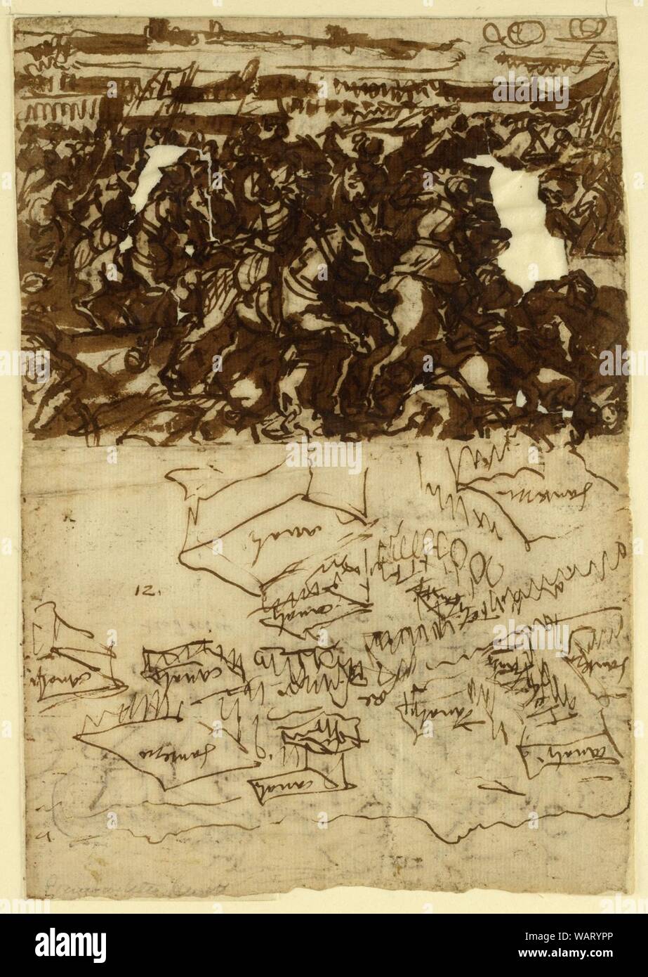 Drawing, Sketchbook Page with Battle Scene and Ostend, ca. 1590 Stock ...