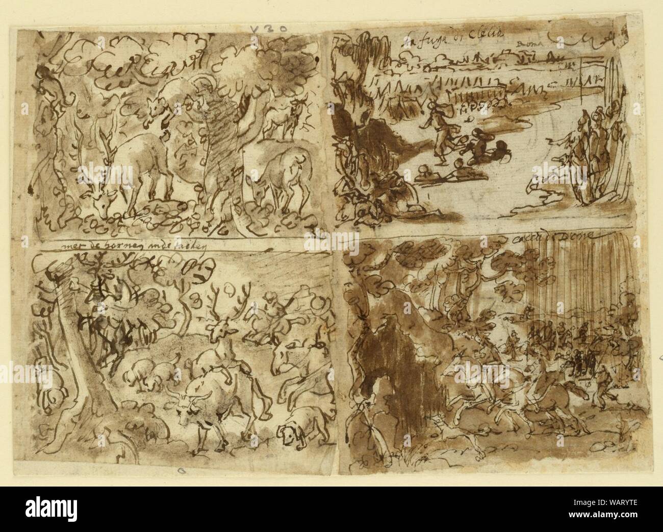 Drawing, Sketchbook Page with Four Hunt Scenes, ca. 1578 Stock Photo ...