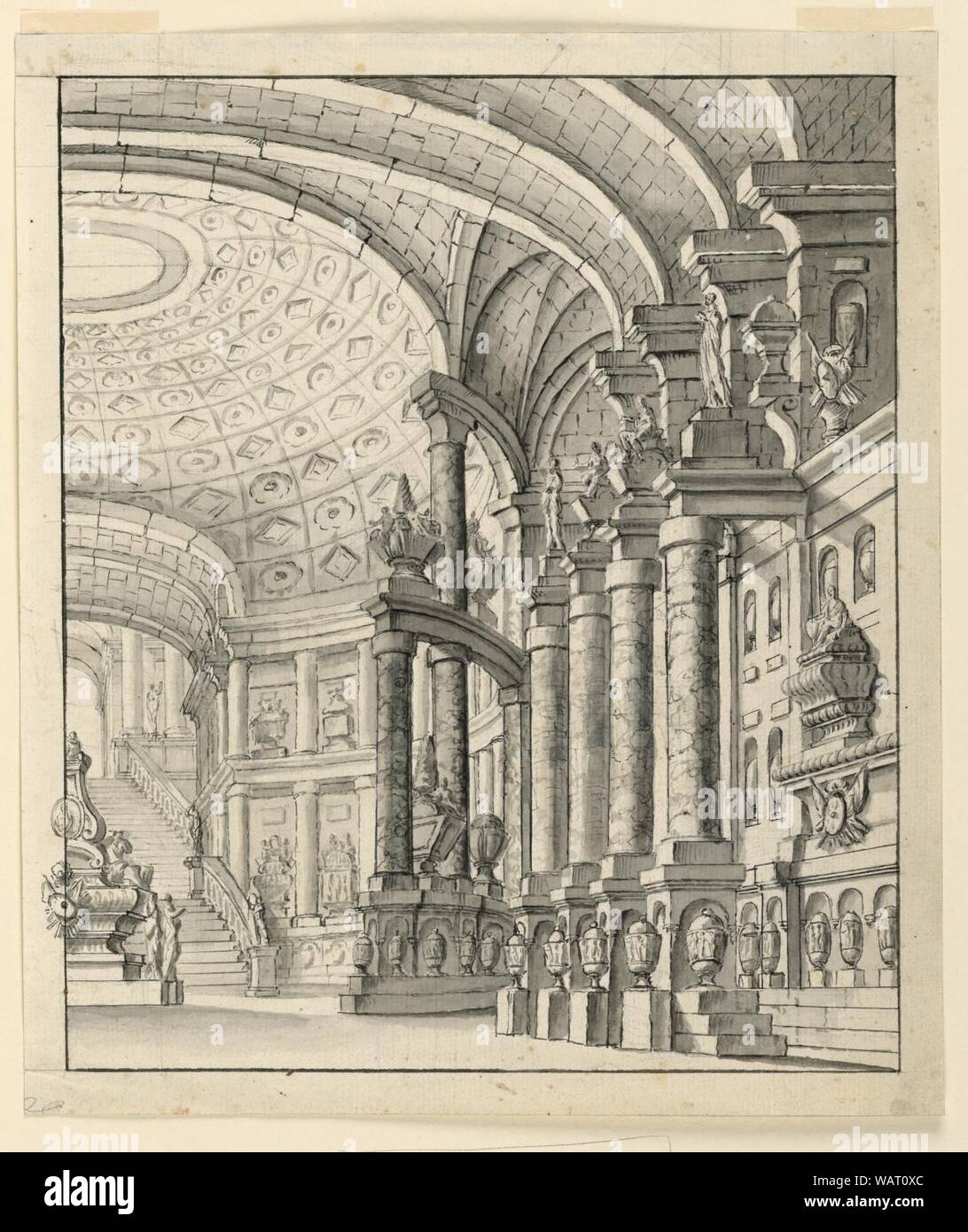 Drawing, Stage Design- Hall with Coffered Ceiling and Urns, late 17th ...