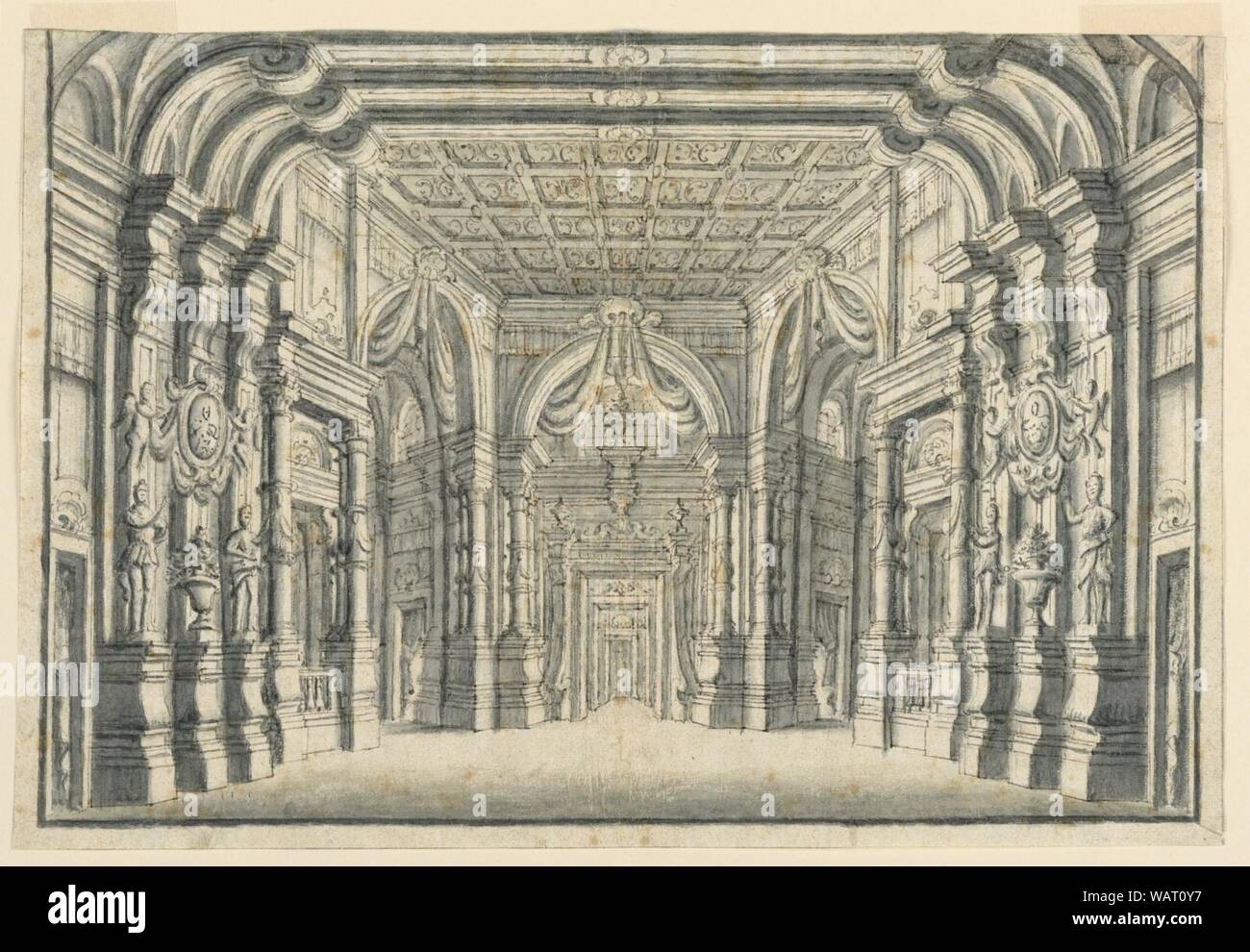 Drawing, Stage Design- Interior of Palace Halls, late 17th century ...