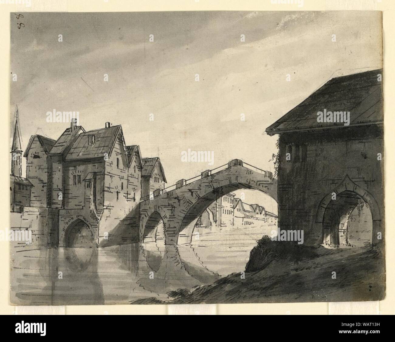 Drawing, Stage Design, Bridge Over River in a Town, early 19th century ...