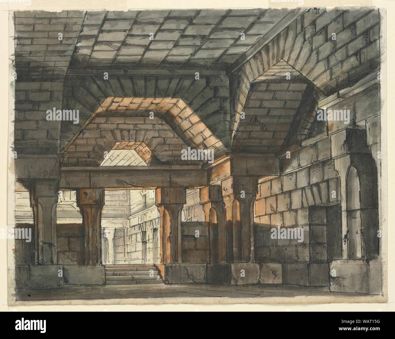 Drawing, Stage Design, Fortified Castle Interior, early 19th century ...