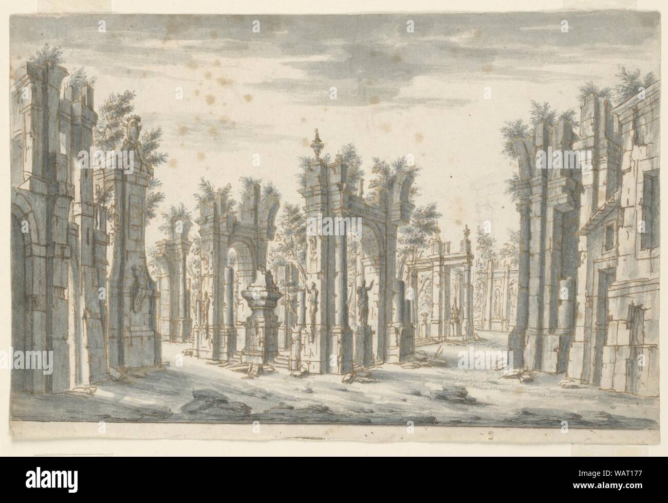 Drawing, Stage Design, Group of Buildings in Ruins, early 18th century ...