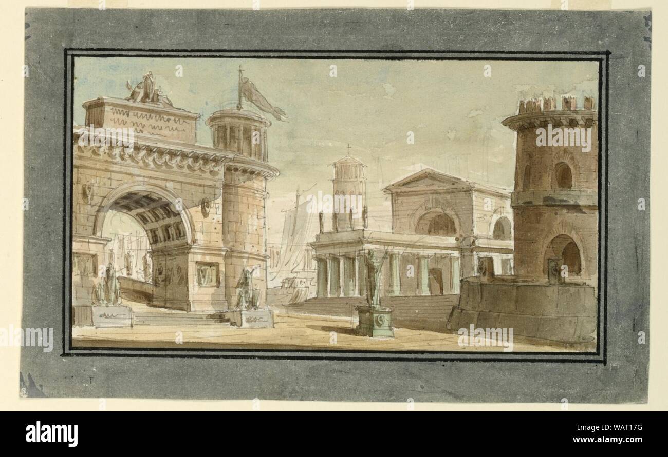 Drawing Stage Design Group Of Buildings Near Port Early 19th Century