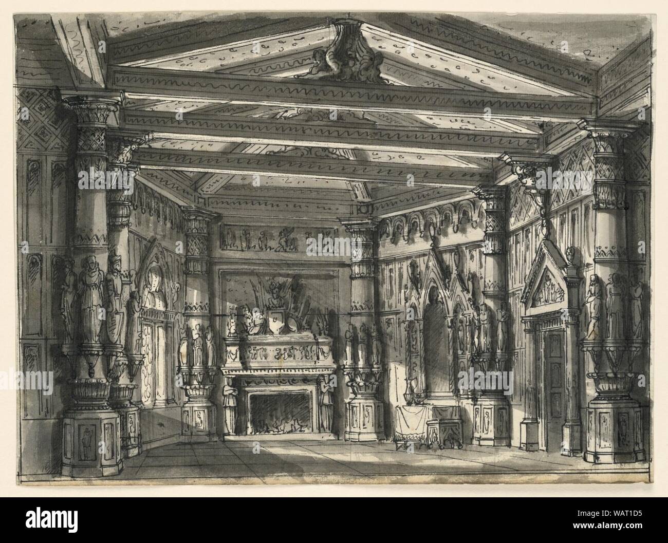 Drawing, Stage Design, Interior of Gothic Hall, early 19th century ...