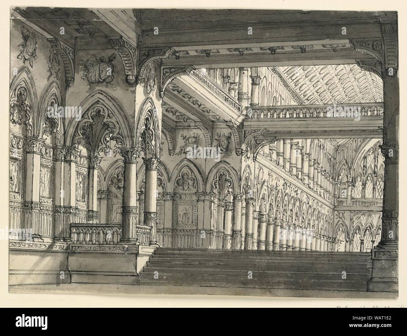 Drawing, Stage Design, Interior of Gothic Hall, early 19th century ...