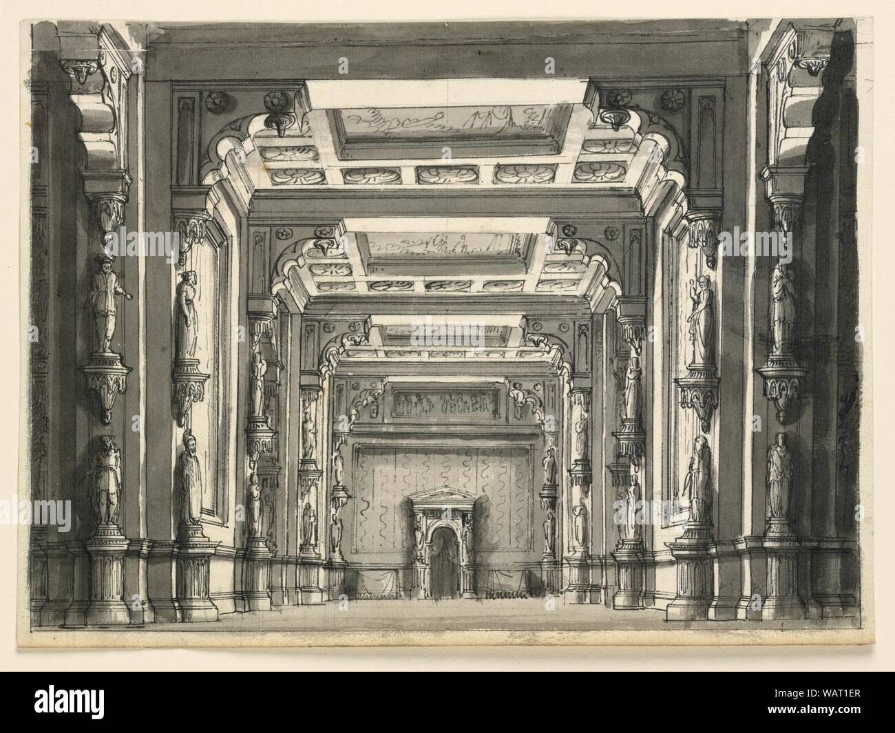 Drawing, Stage Design, Interior of Gothic Hall, early 19th century ...