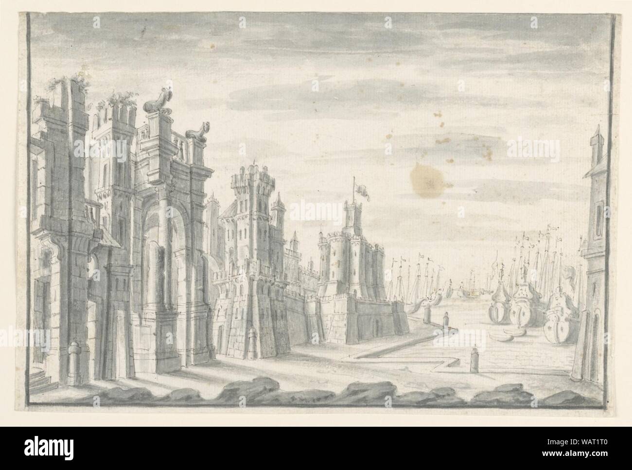 Drawing, Stage Design, View of Town and Port, early 18th century Stock ...