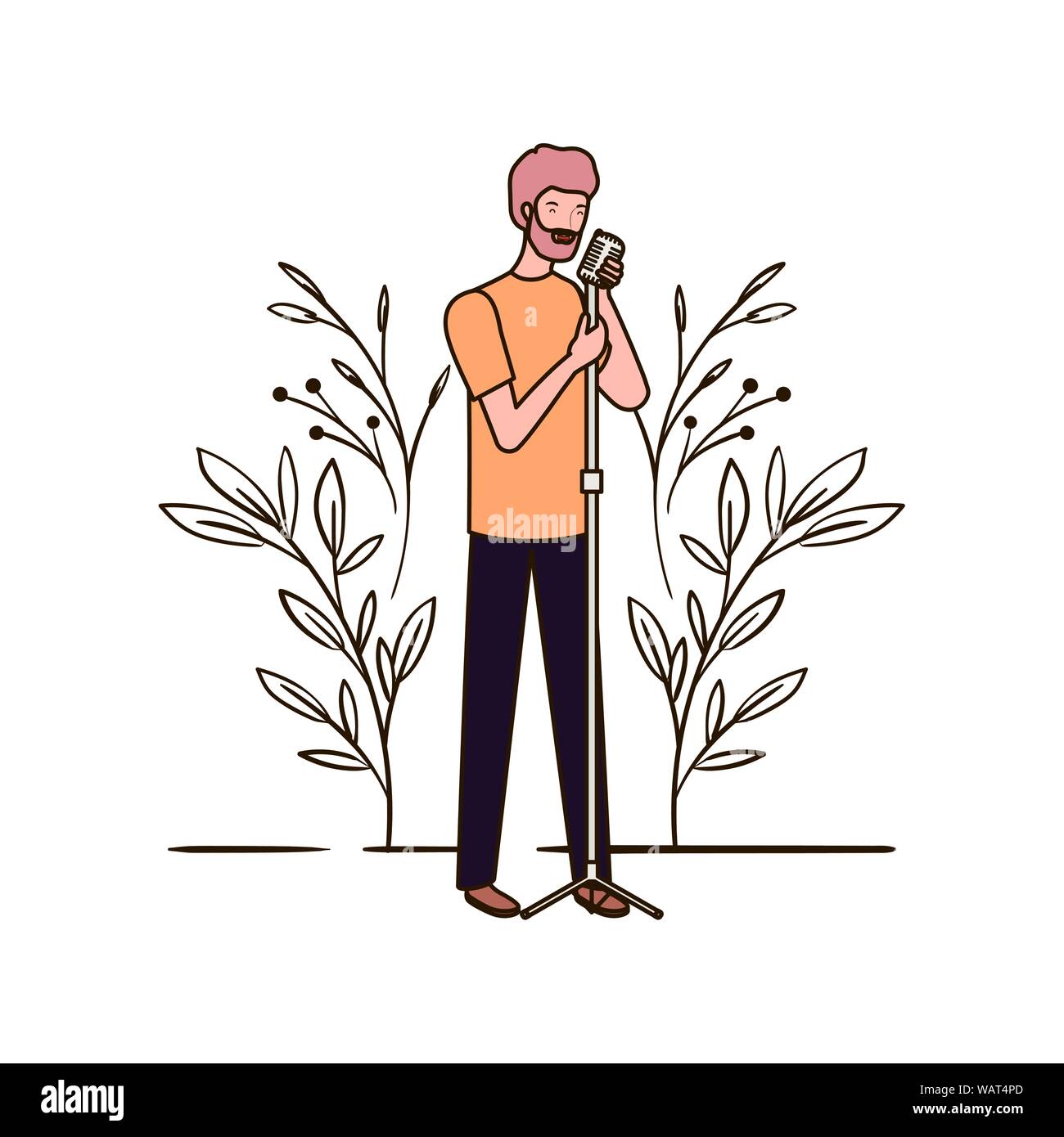 man with microphone and branches and leaves in the background Stock ...