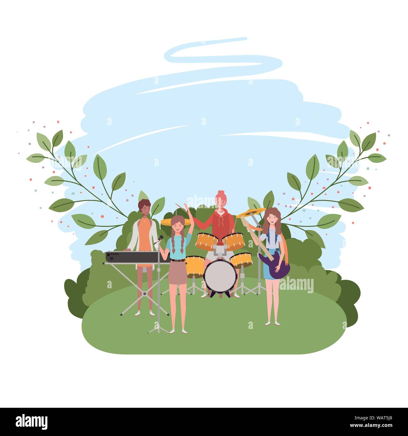 women with musical instruments and background landscape Stock Vector ...