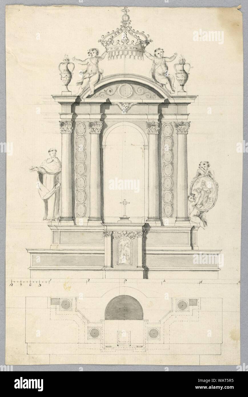 Drawing, The Elevation of an Altar Retable and The Plan for an Altar ...