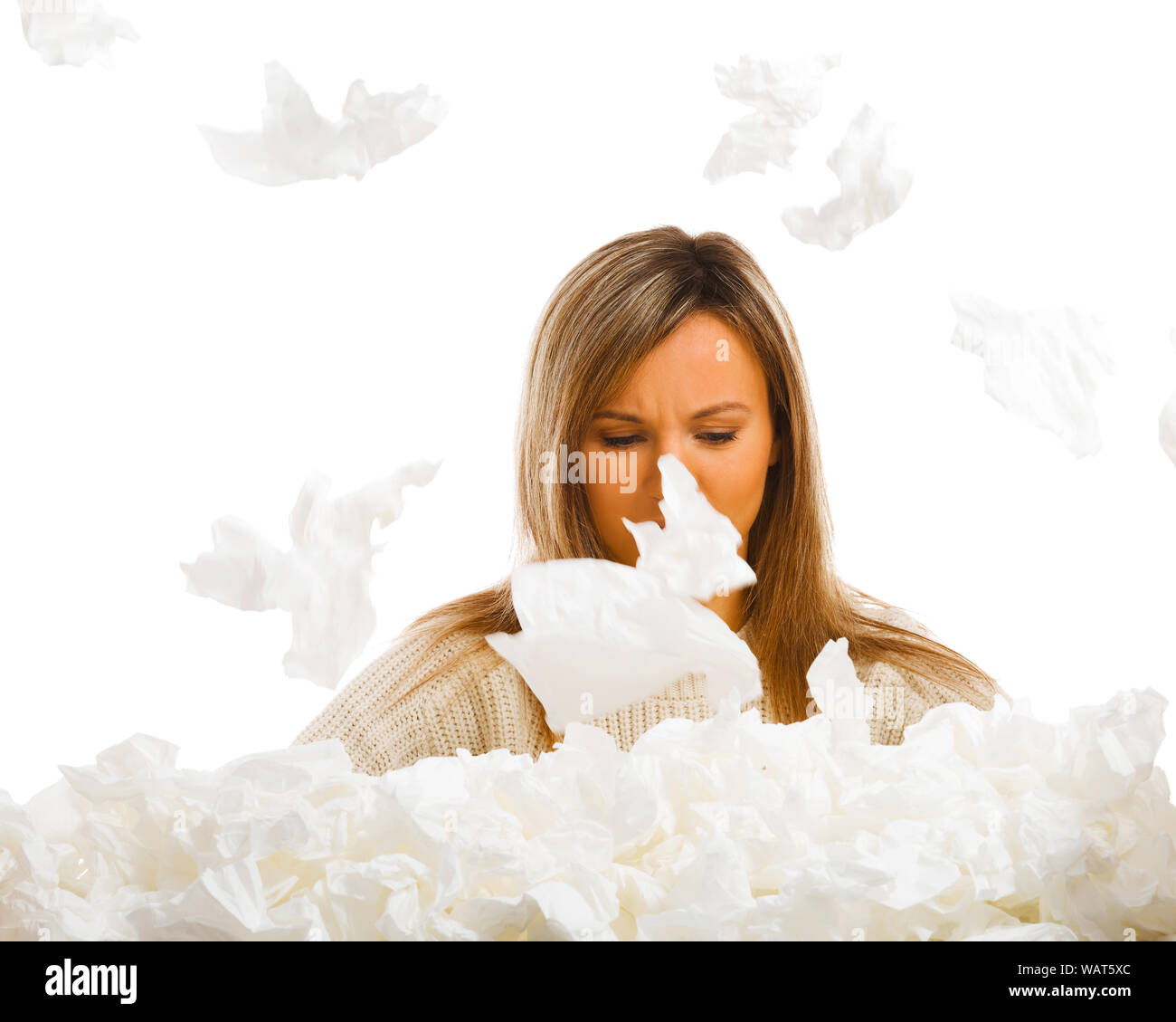 Sad woman covered by tissues on white background. Flu infection ...