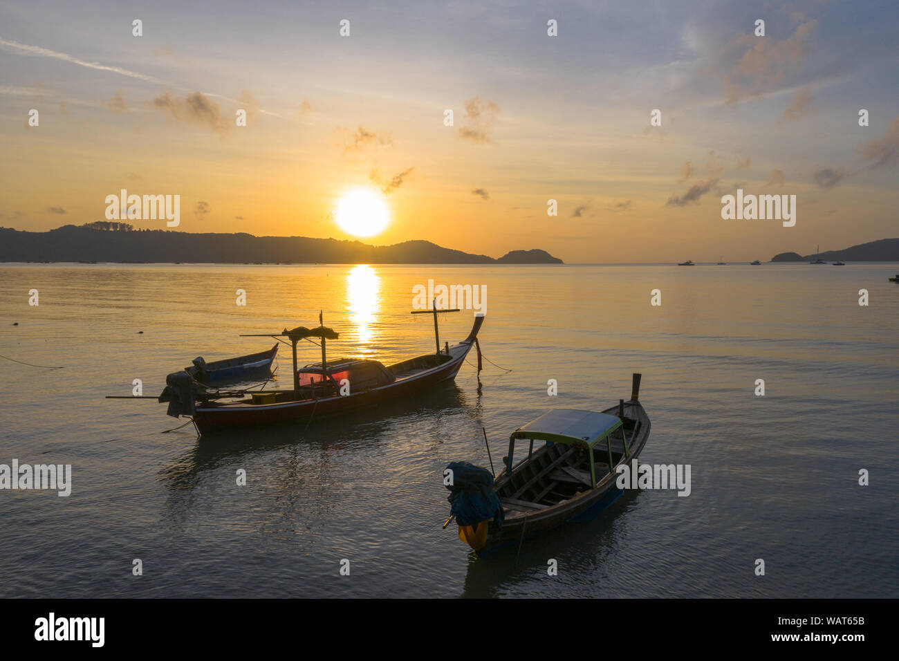 aerial view sunrise above fishing boats parking near the beach Stock ...