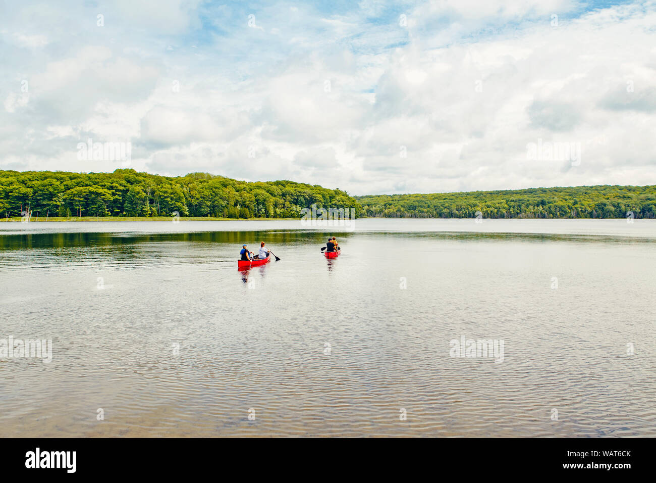 Canada forest park nature with family friends riding in red kayaks ...