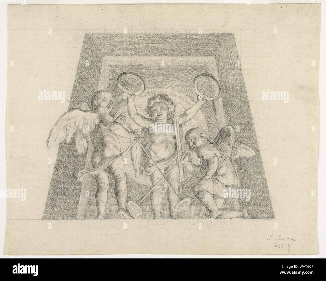 Drawing, Three Putti with Tambourines and Trumpets, Design for Lunette ...