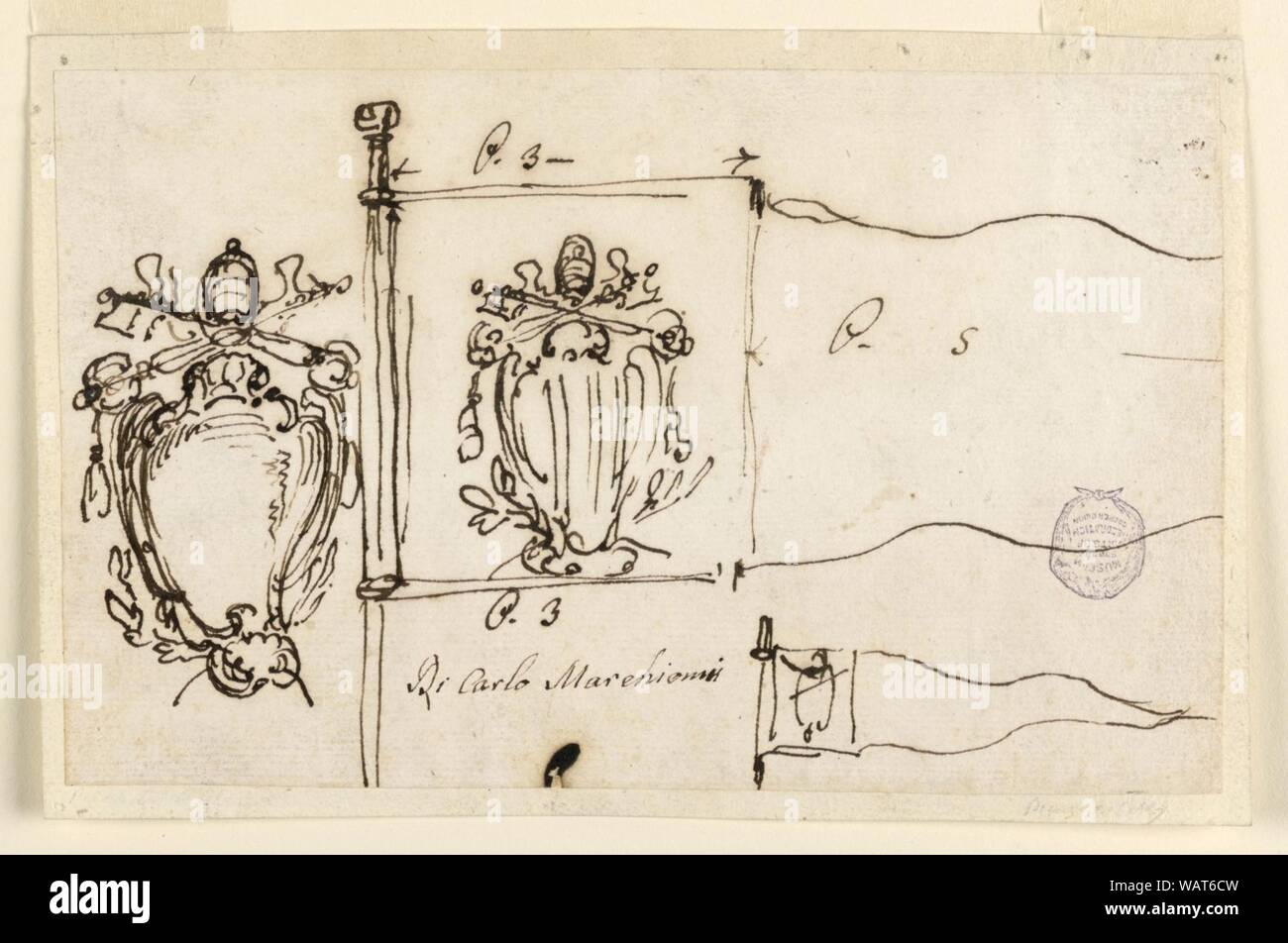 Drawing, Three sketches for a standard of Pope Benedict XIV, 1740–58 ...