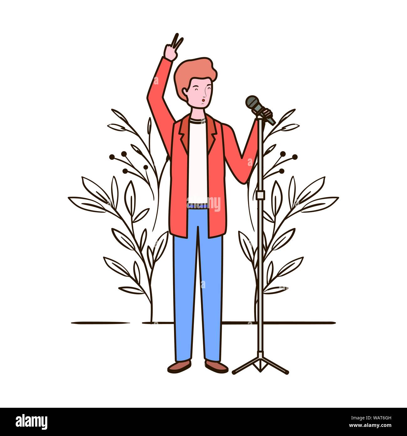 man with microphone and branches and leaves in the background Stock ...