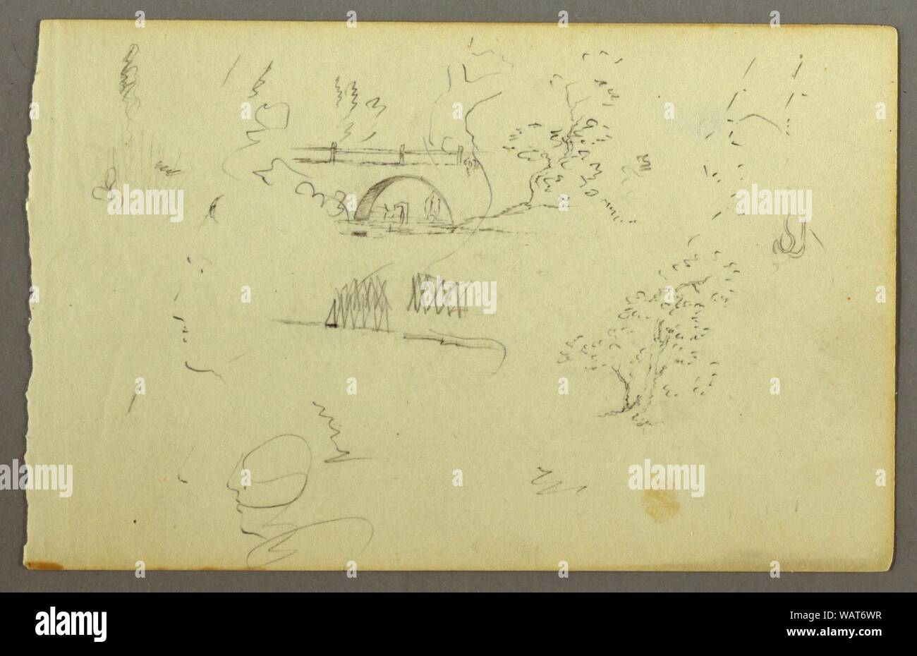 Drawing, Trees, bridge, faces in profile, possibly 1844 Stock Photo - Alamy