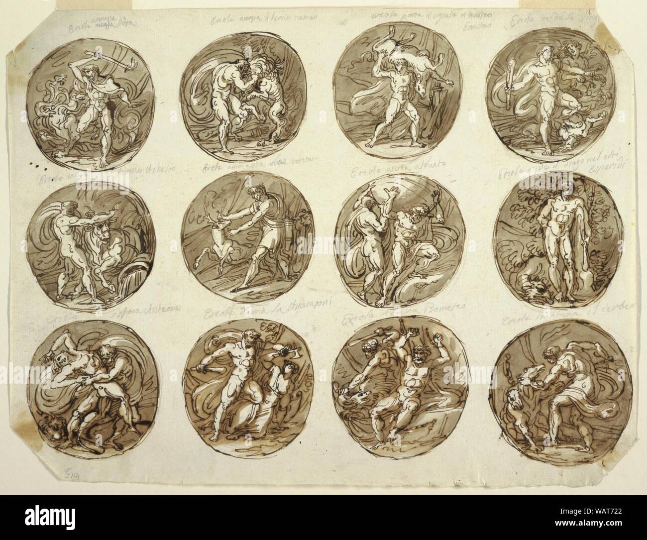 Drawing, Twelve Circular Medallions with Representations of the Deeds ...