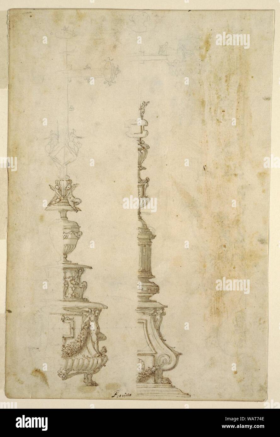 Drawing, Two Designs for Altar Cross Bases; verso, Designs for Five ...
