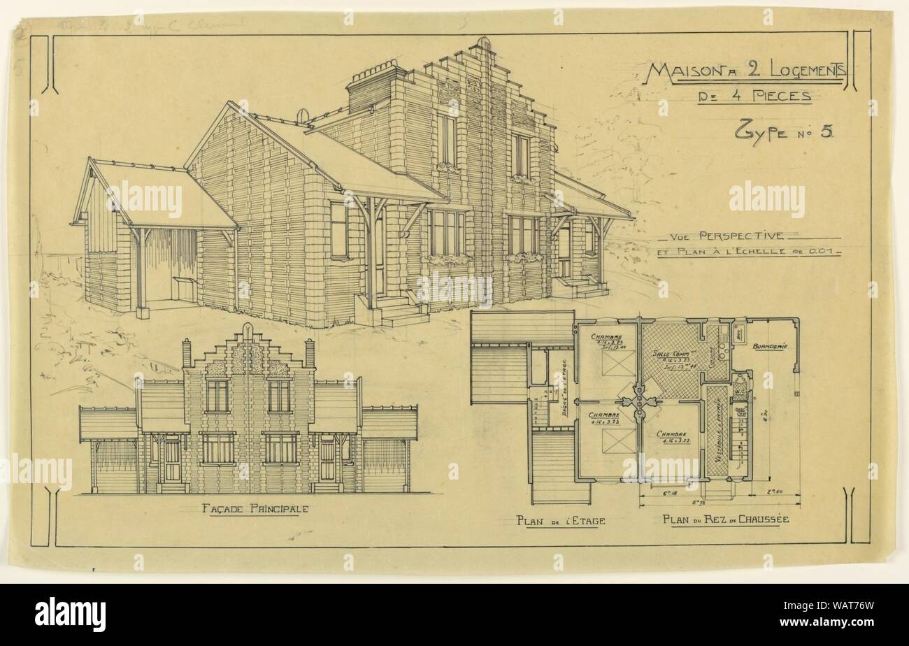 Drawing, Two Elevations and Floor Plan of a Two Family Mass-Operational ...