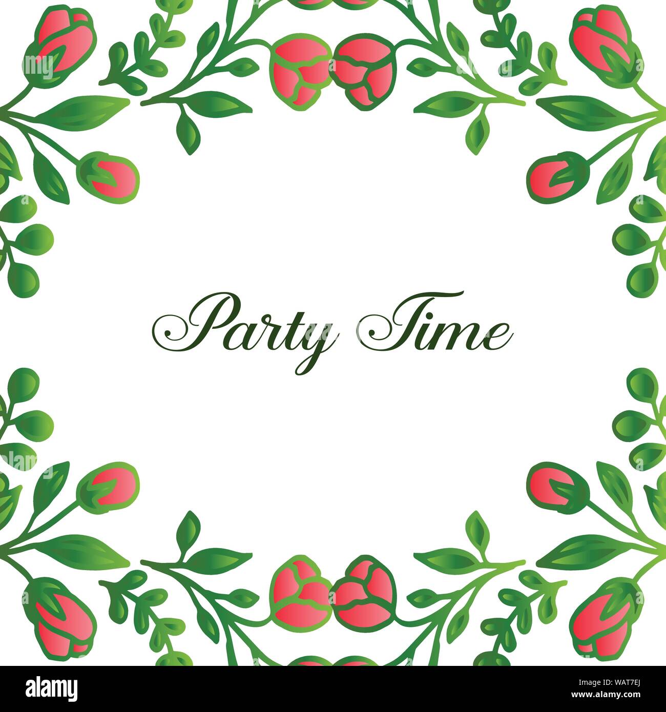 Party time calligraphic lettering, with green leaves and floral frame ...