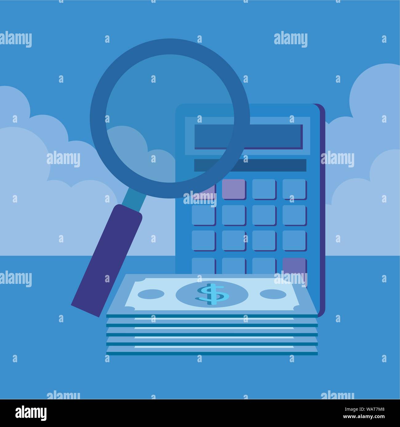 calculator math with magnifying glass and money Stock Vector Image ...