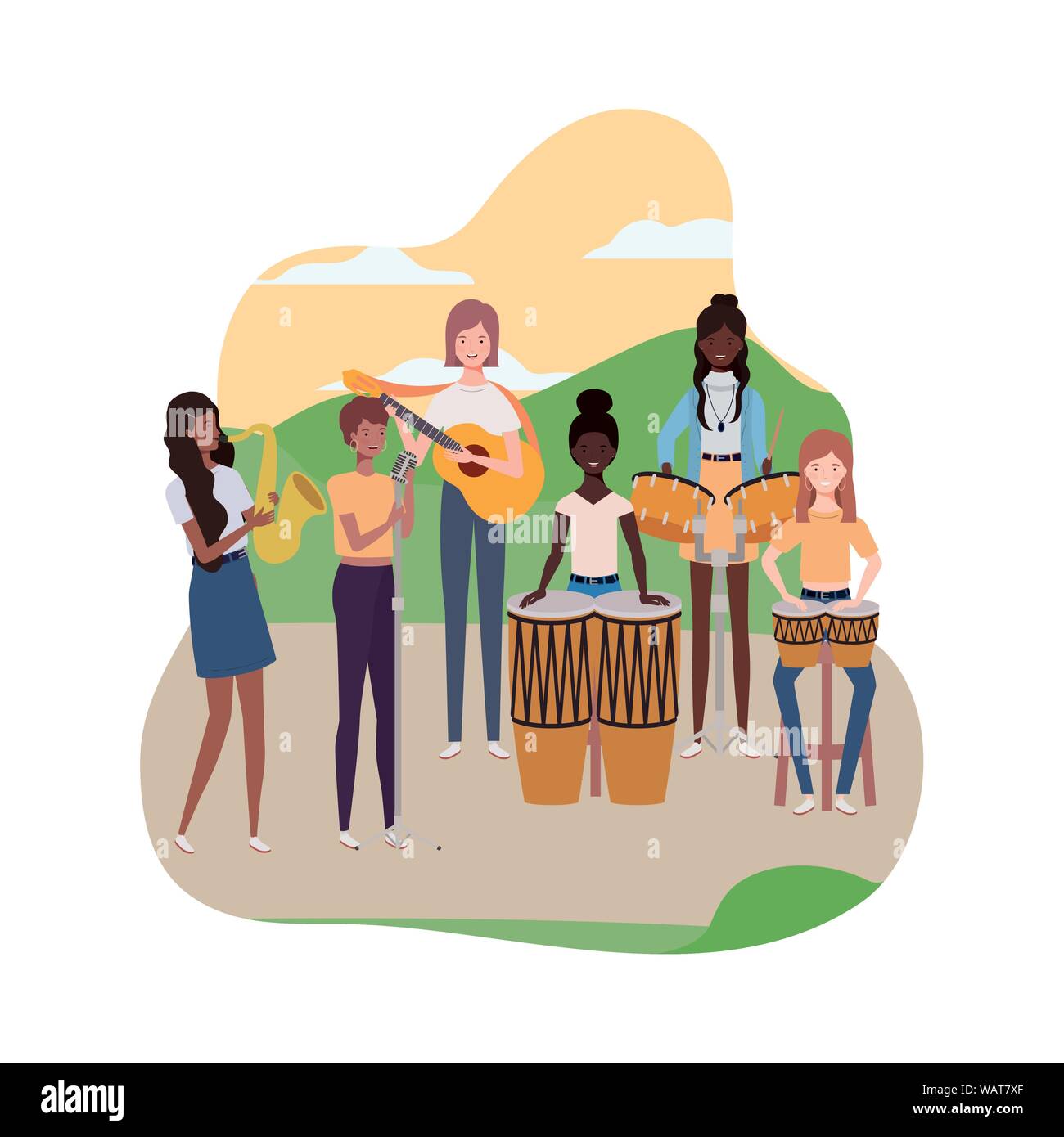 women with musical instruments and background landscape Stock Vector ...