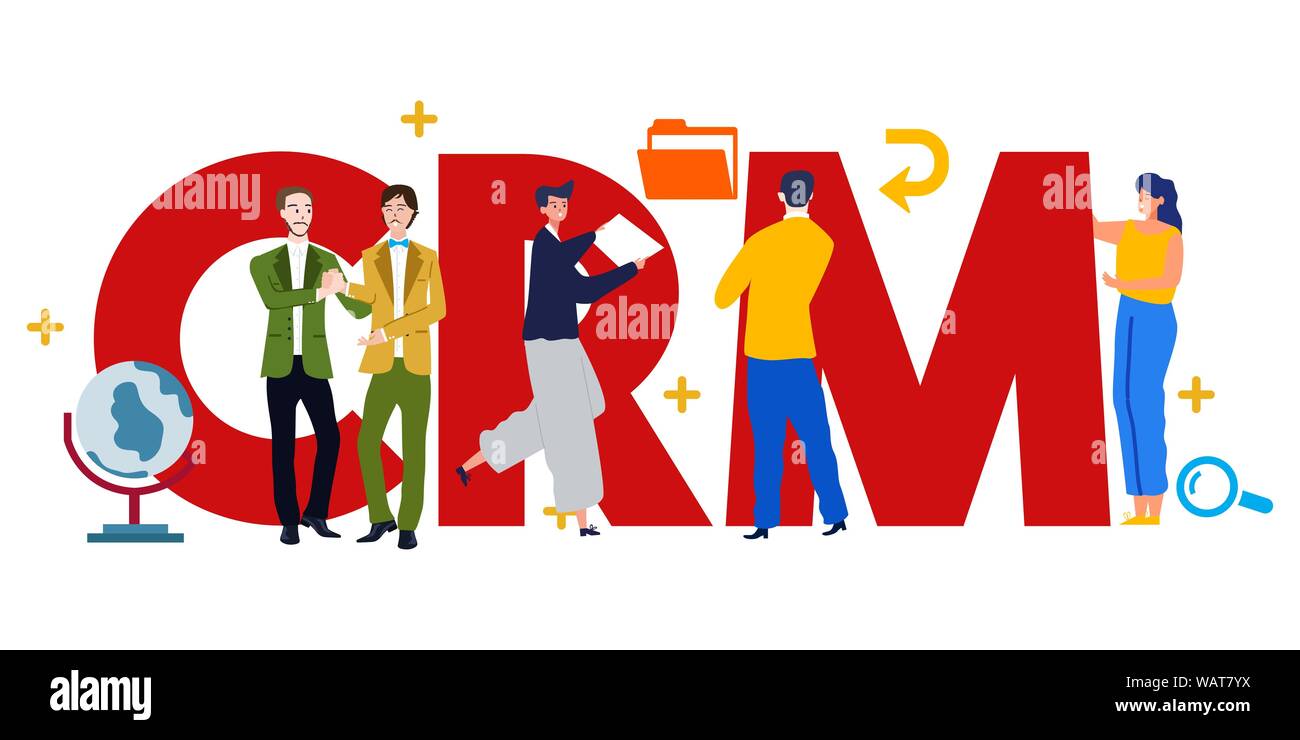 CRM Customer Relationship Management illustration. Customer and company ...