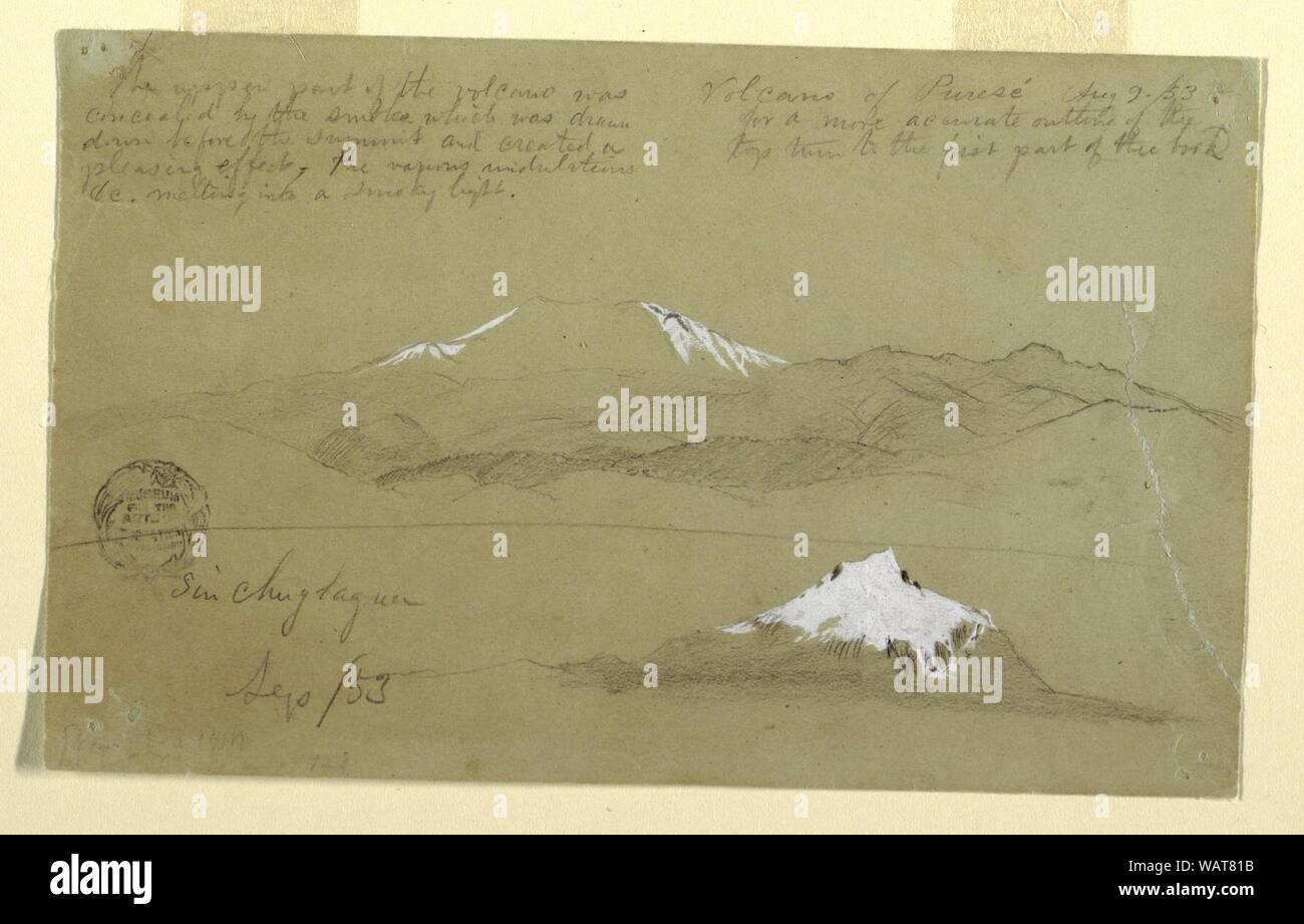 Drawing, Views of Puresé Volcano, Colombia and Mt. Sincholagua, Ecuador ...