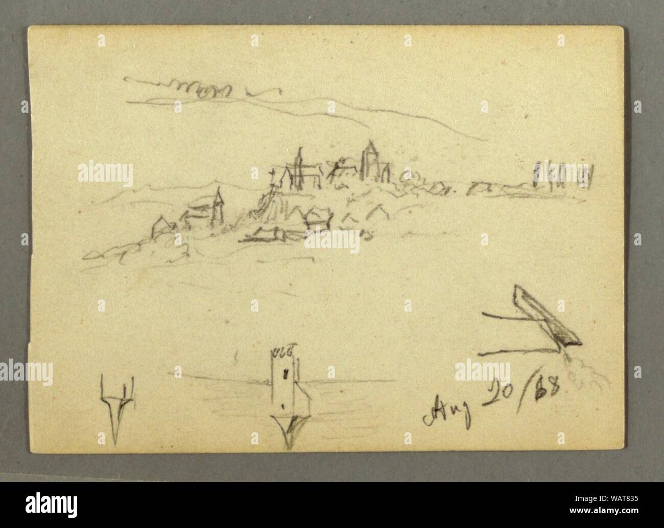 Drawing, Village on Hilltop, Towers, and Chimney, August 20, 1868 Stock ...