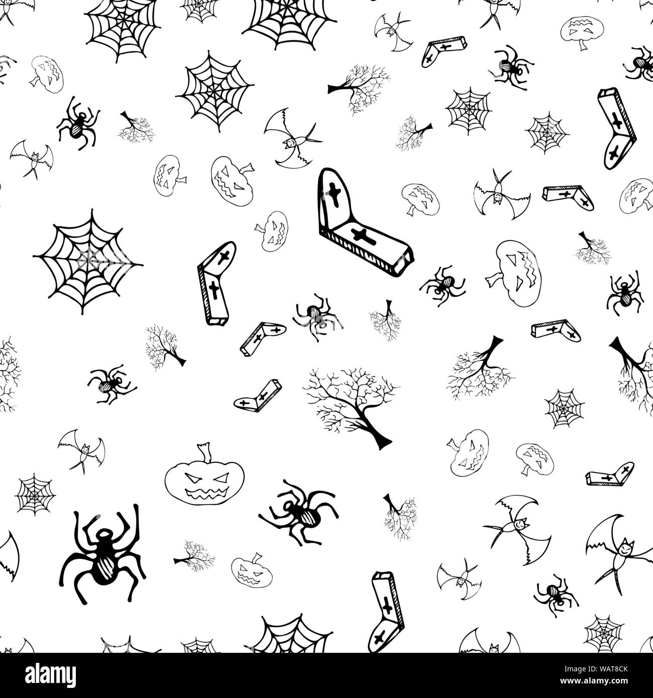 Halloween doodle seamless pattern set isolated on white background ...