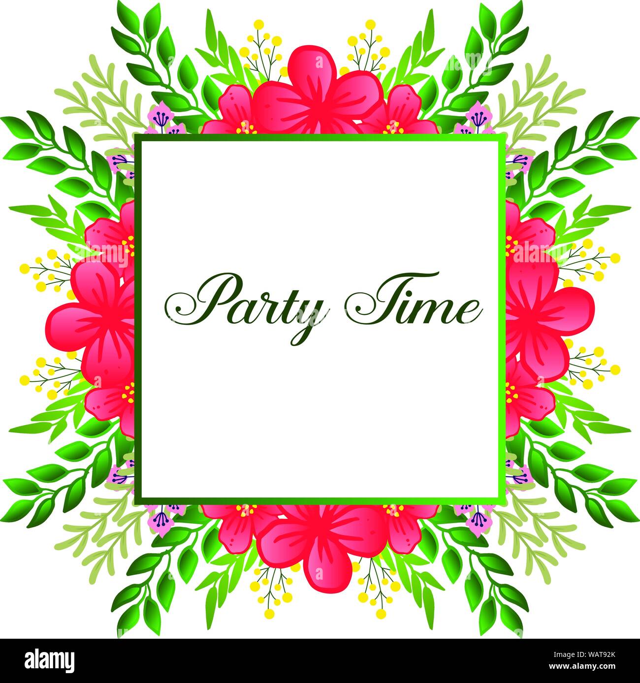 Elegant party time card, with green leafy flower frame, isolated on ...