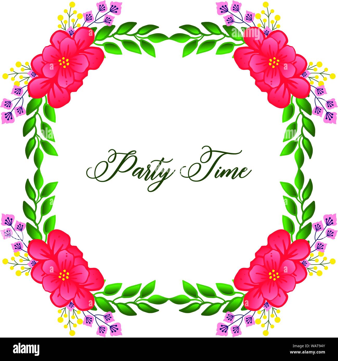 Party time template design, with bright green leafy flower frame ...
