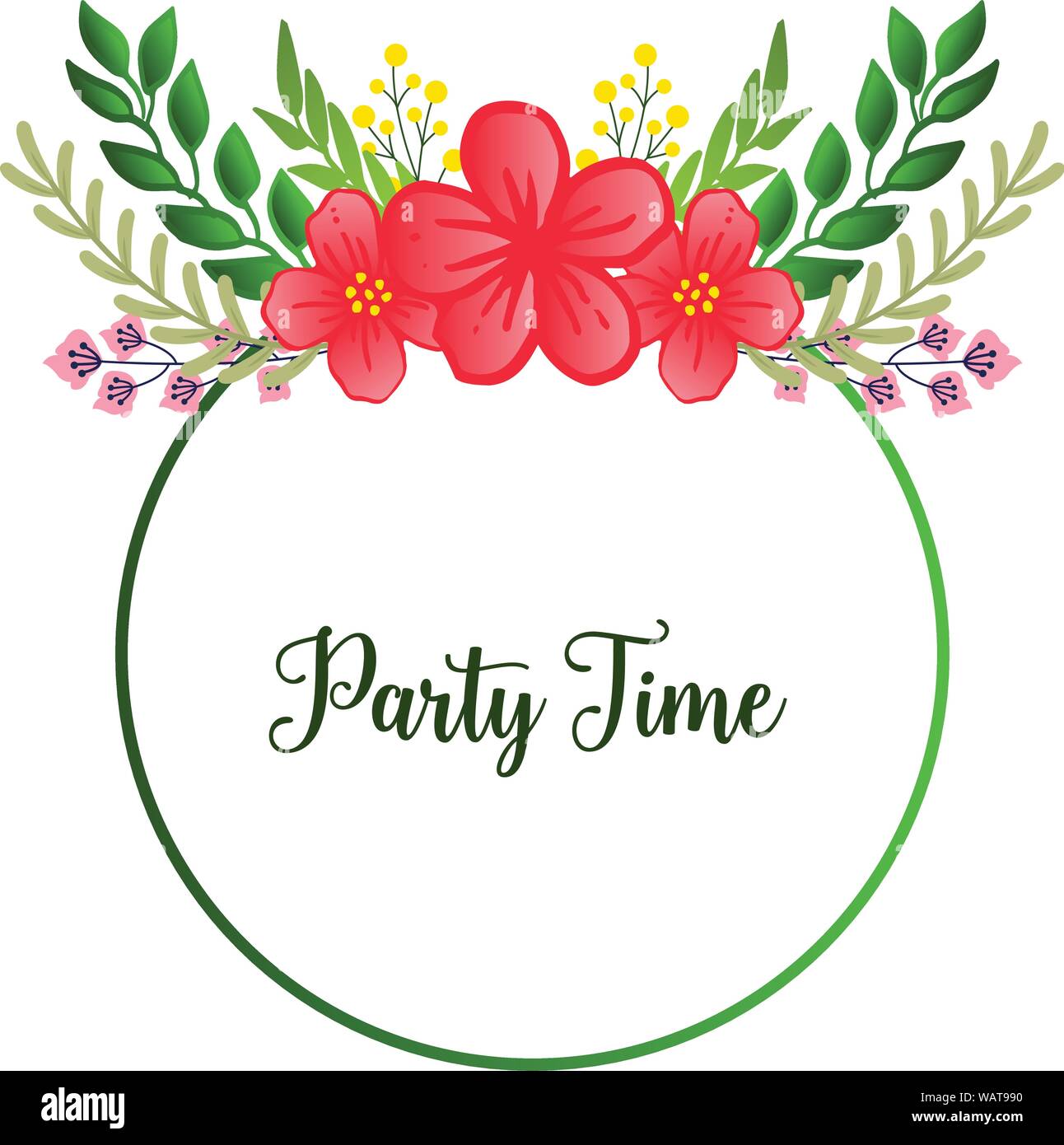 Elegant party time card, with green leafy flower frame, isolated on ...