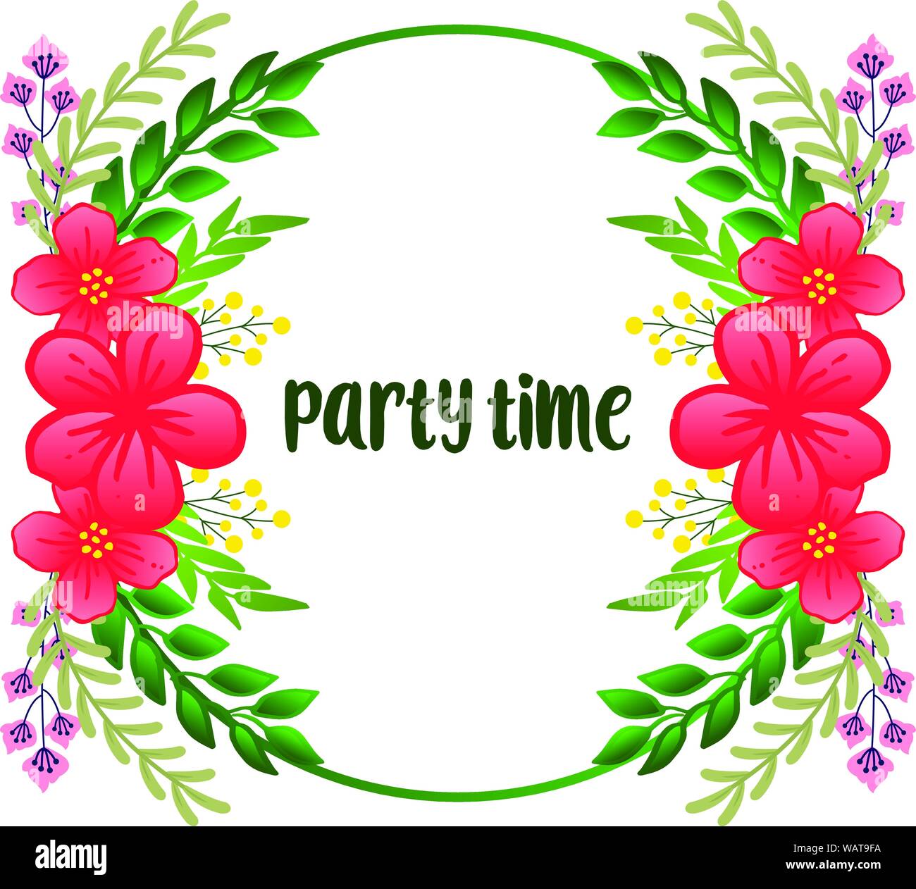 Elegant party time card, with green leafy flower frame, isolated on ...