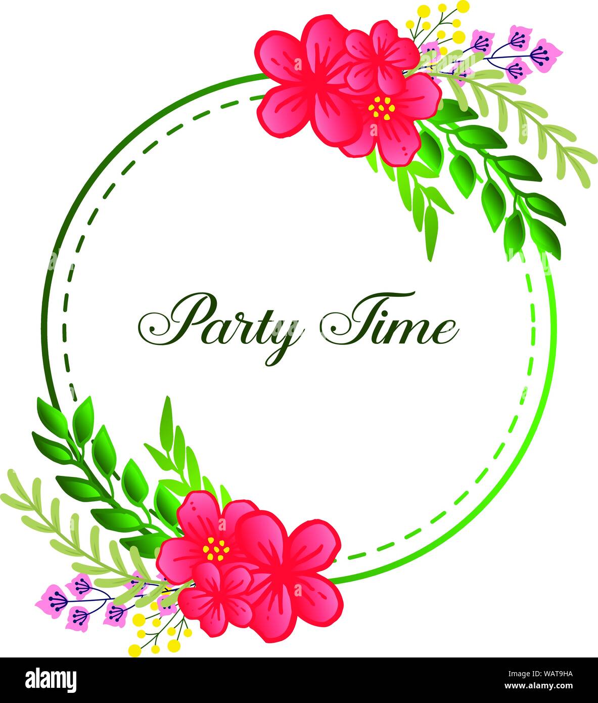 Feature green leafy flower frame, for party time handwritten text ...